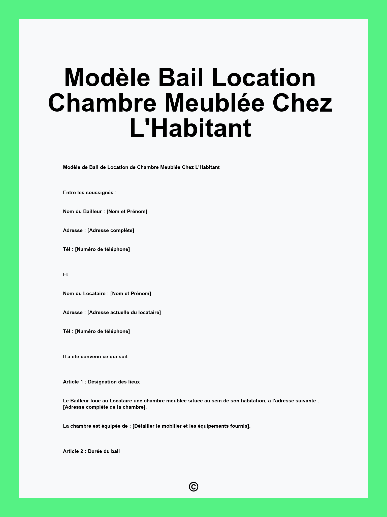 Modèle Bail Location Chambre Meublée Chez L'Habitant